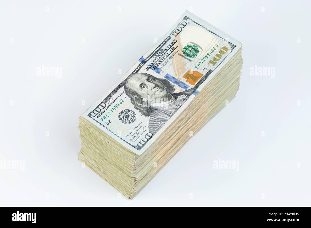 Stack of usa 100 dollar cash above top view isolated on white studio ...