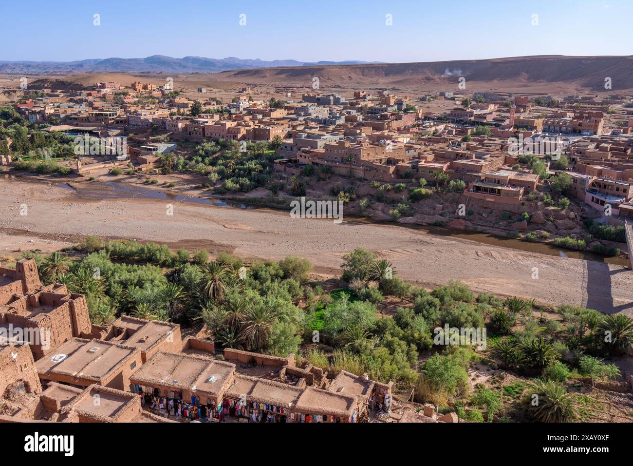 View of Ouarzazate from the Kasbah of Ait Ben Haddou. River dry season ...