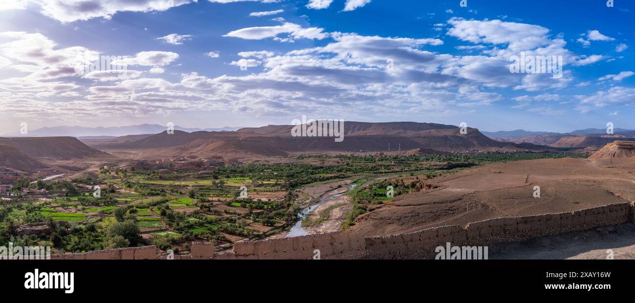 View of Ouarzazate from the Kasbah of Ait Ben Haddou. River dry season ...