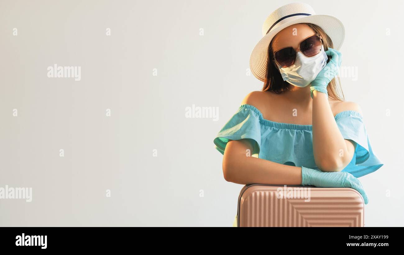 Pandemic bored. Covid tired. Disappointed girl in mask medical gloves ...