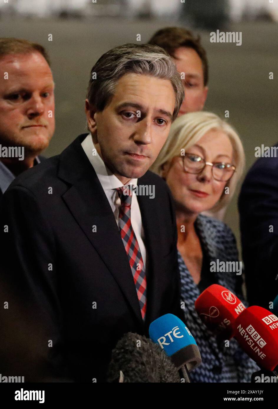 Taoiseach Simon Harris speaks to the media outside the Royal Dublin ...