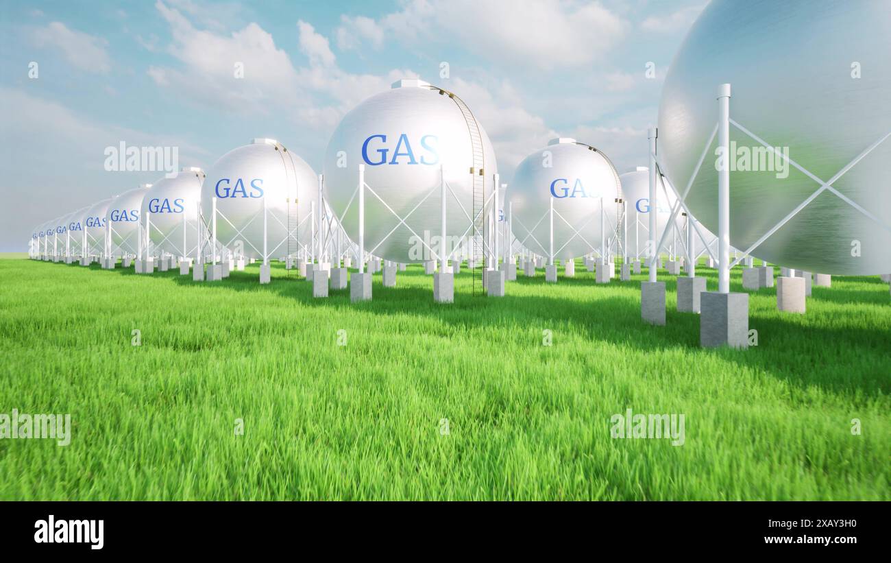 Sphere gas storages station tanks green grass 3d render Stock Photo - Alamy