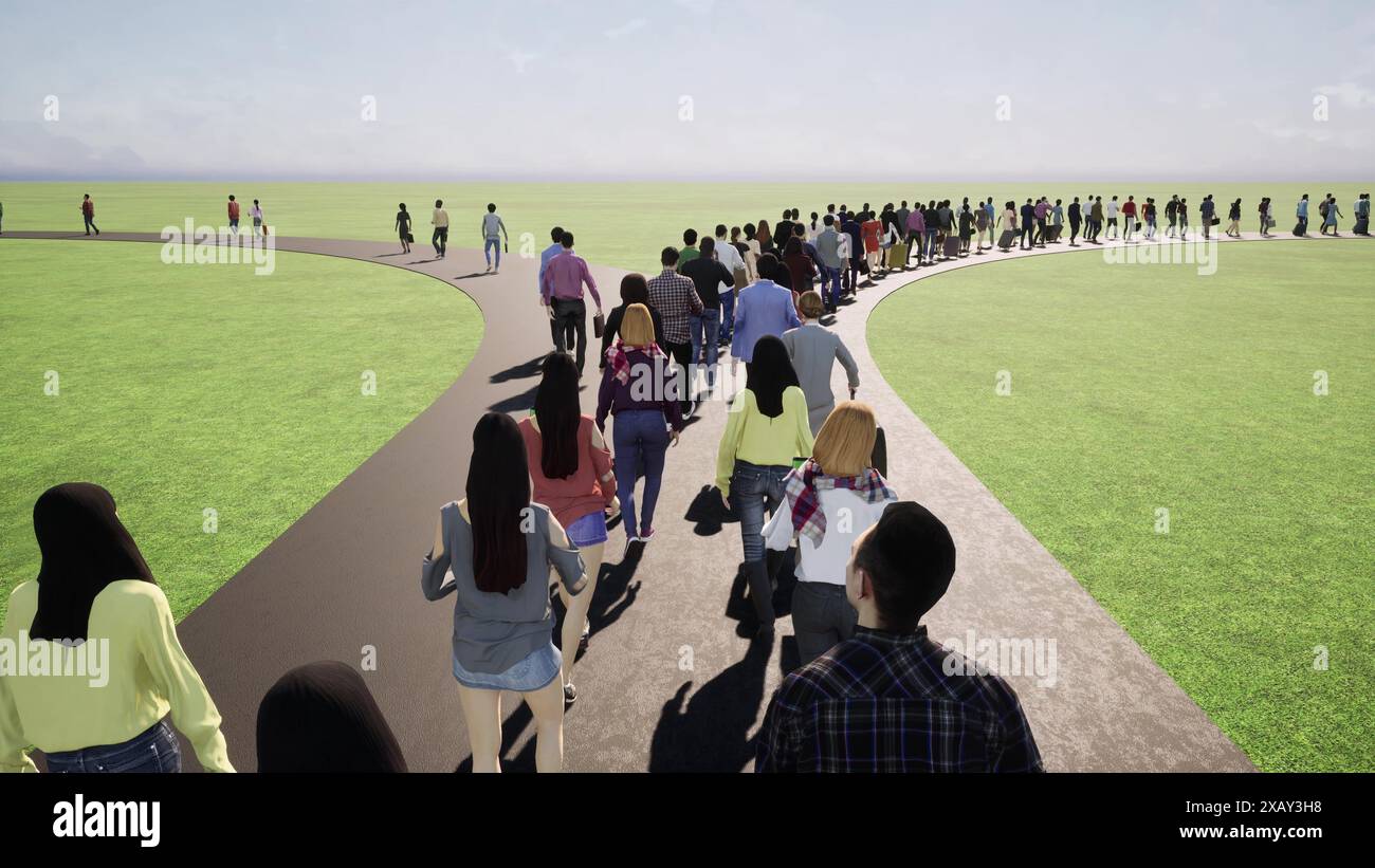 People are walking along the road in a crowd in different directions 3d ...