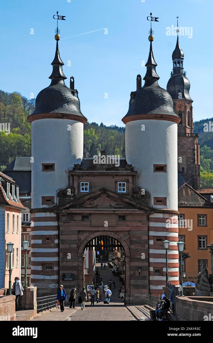 Medieval bridge gate, Baroque towers 1799, Heidelberg, Baden ...