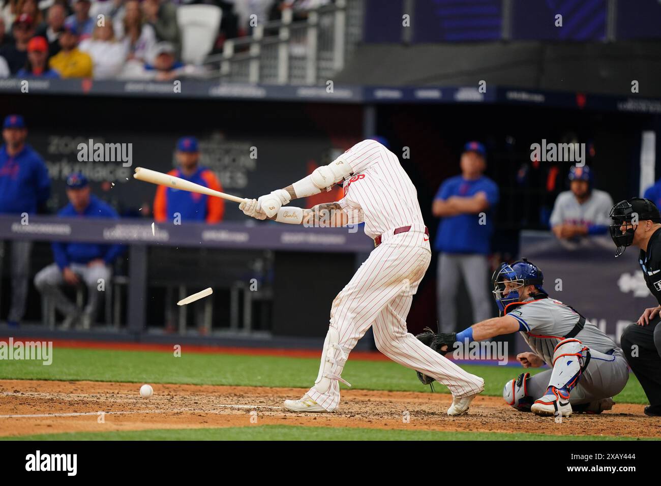 Philadelphia Phillies' Nick Castellanos suffers a broken bat which sets ...