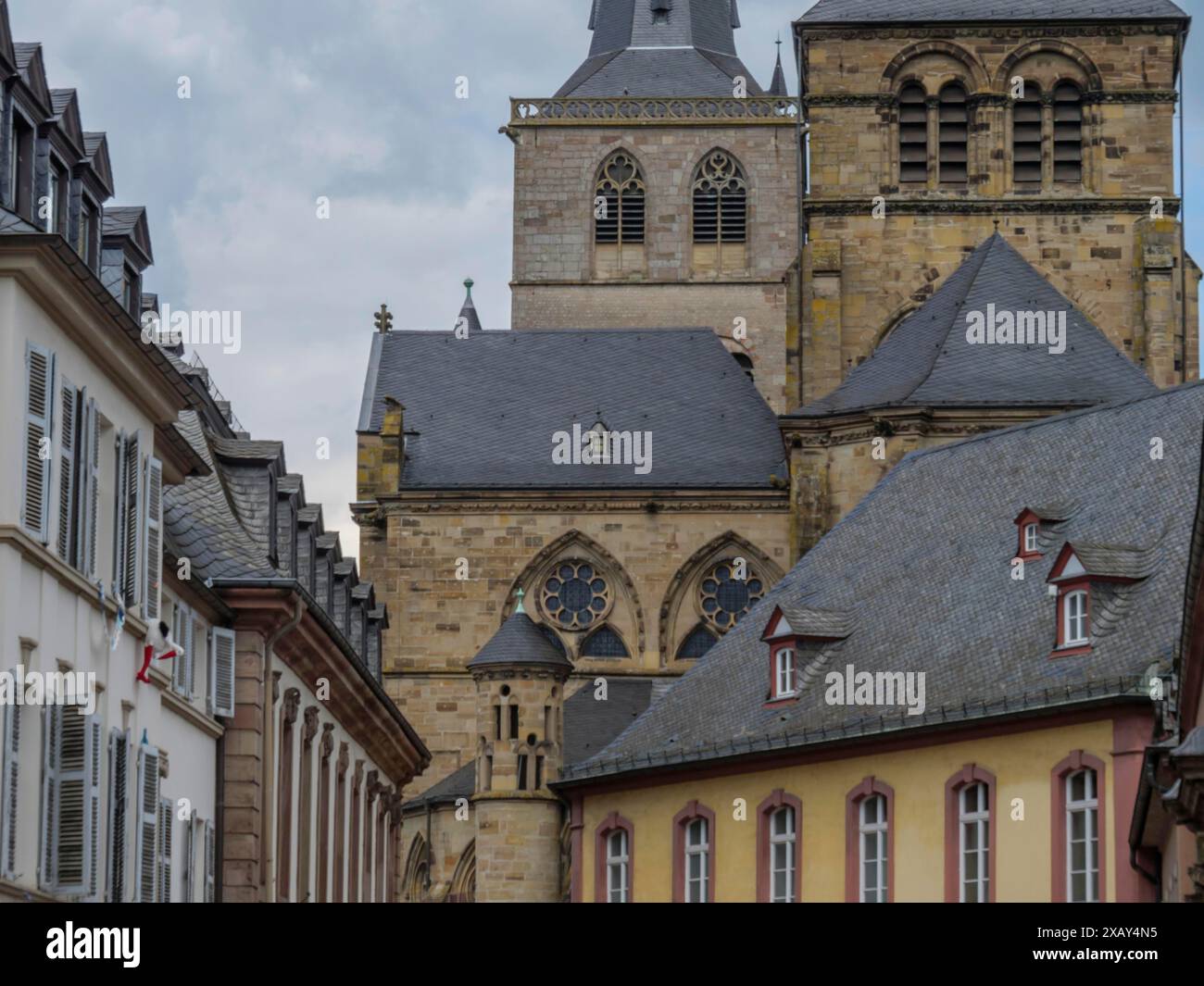 Parish church in the old town, gothic style with medieval stone facades ...