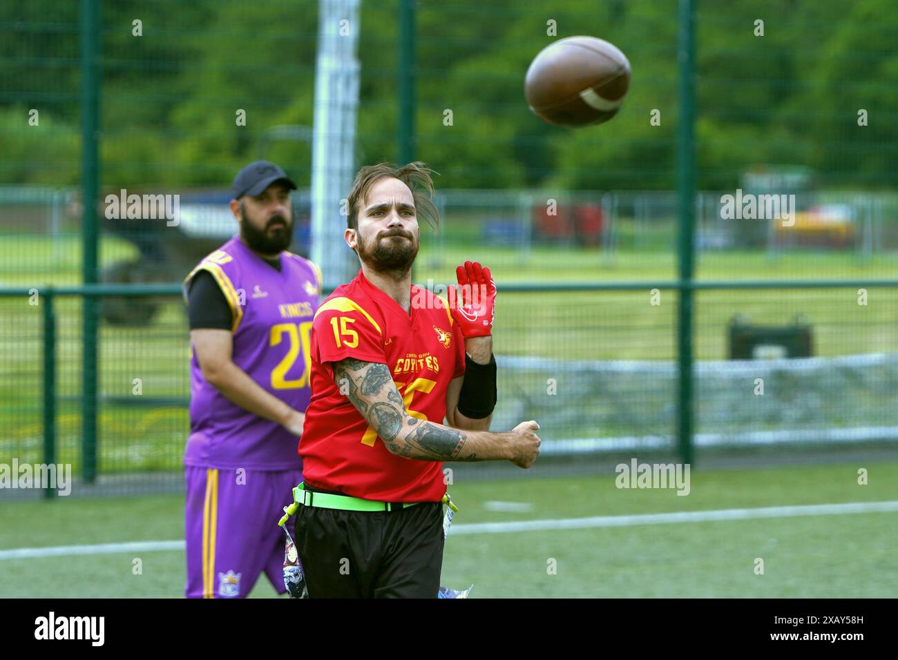 Quarterback passing in the BAFA Games in June 2024 in Cardiff Stock ...