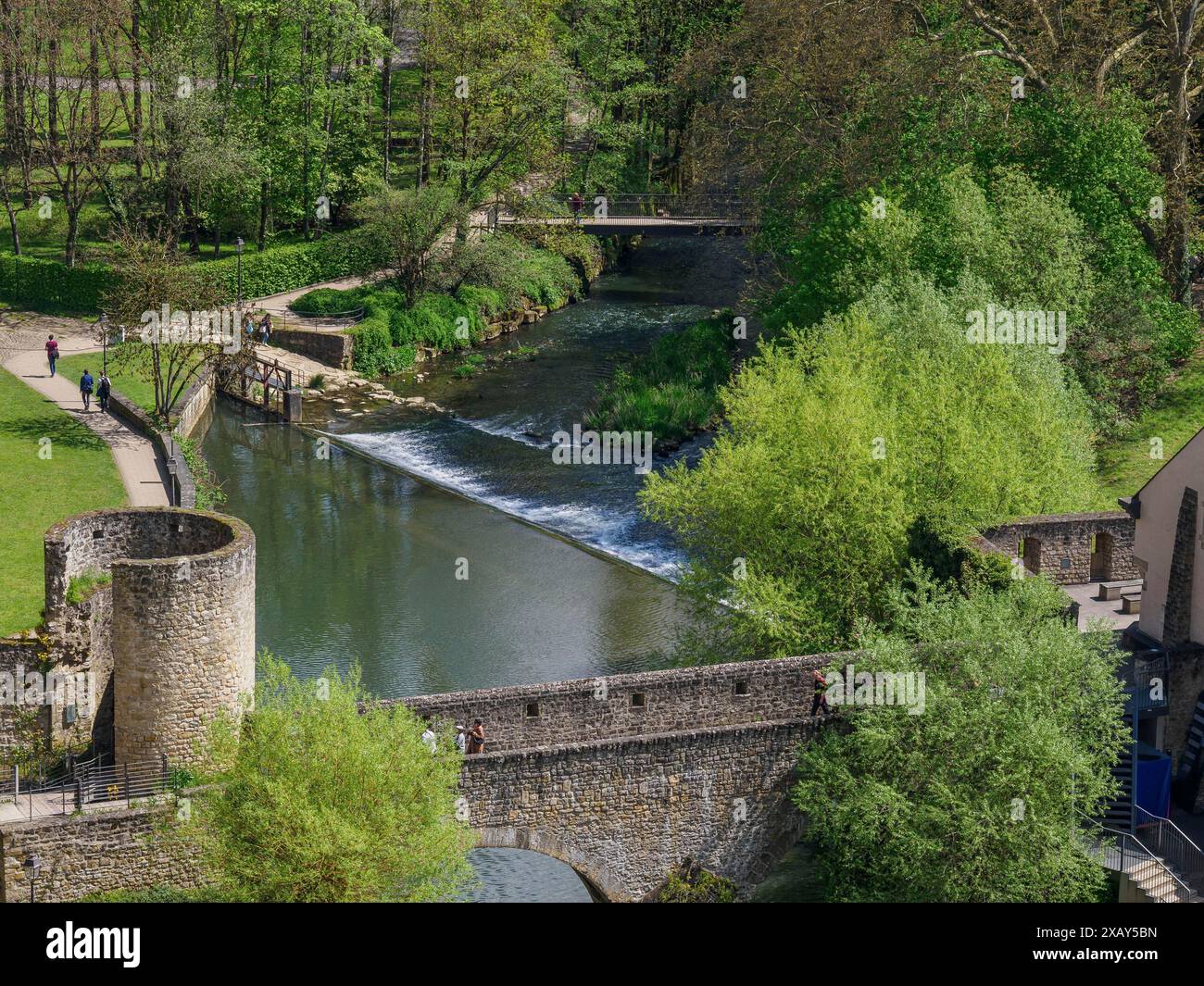 A river with a bridge and ruins in the middle of a green park landscape ...
