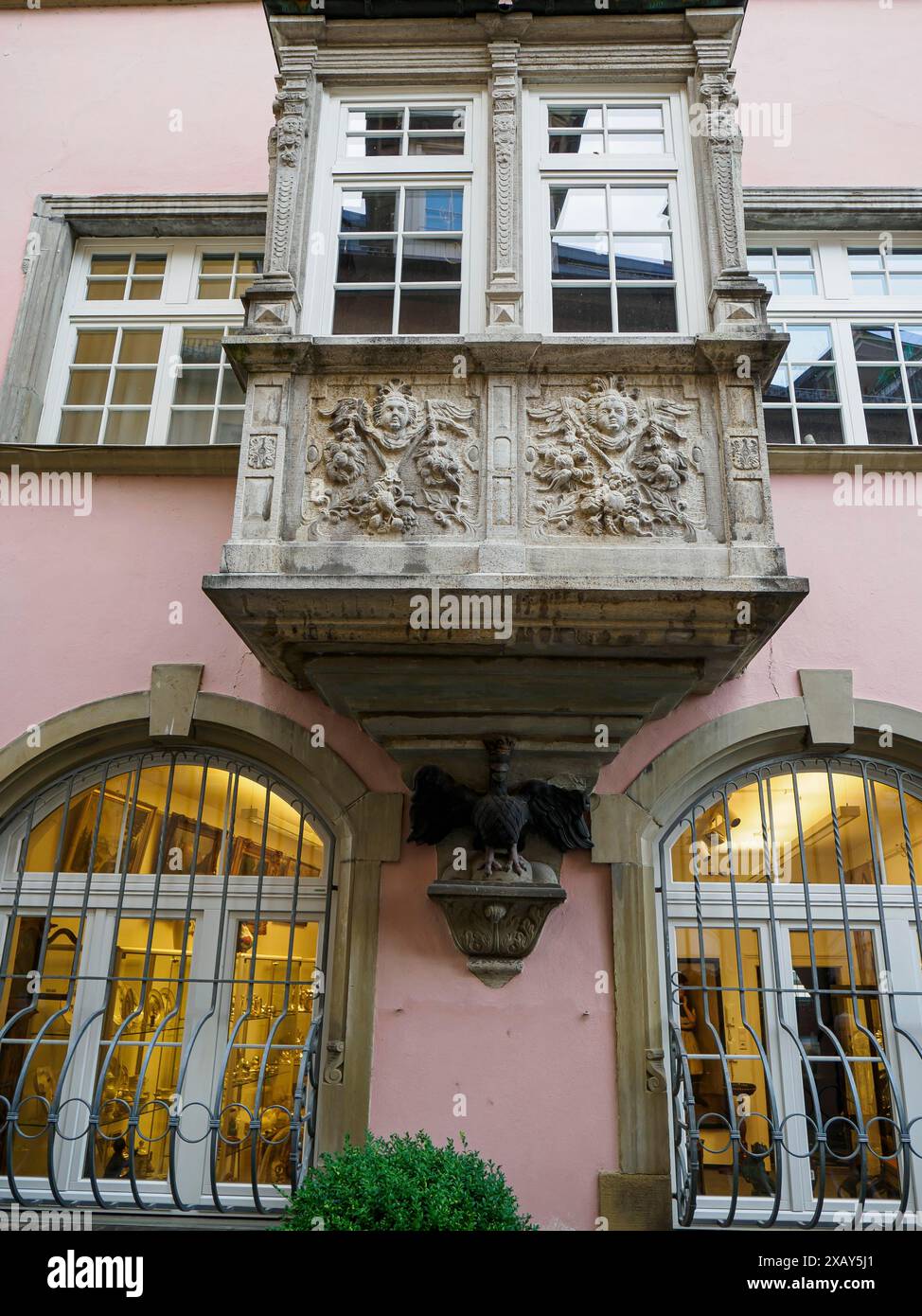 Historic balcony and window on a pink building, Meersburg, Lake ...