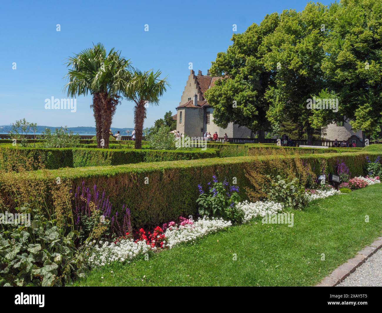 Flower-covered hedges and palm trees in front of a castle under a clear ...