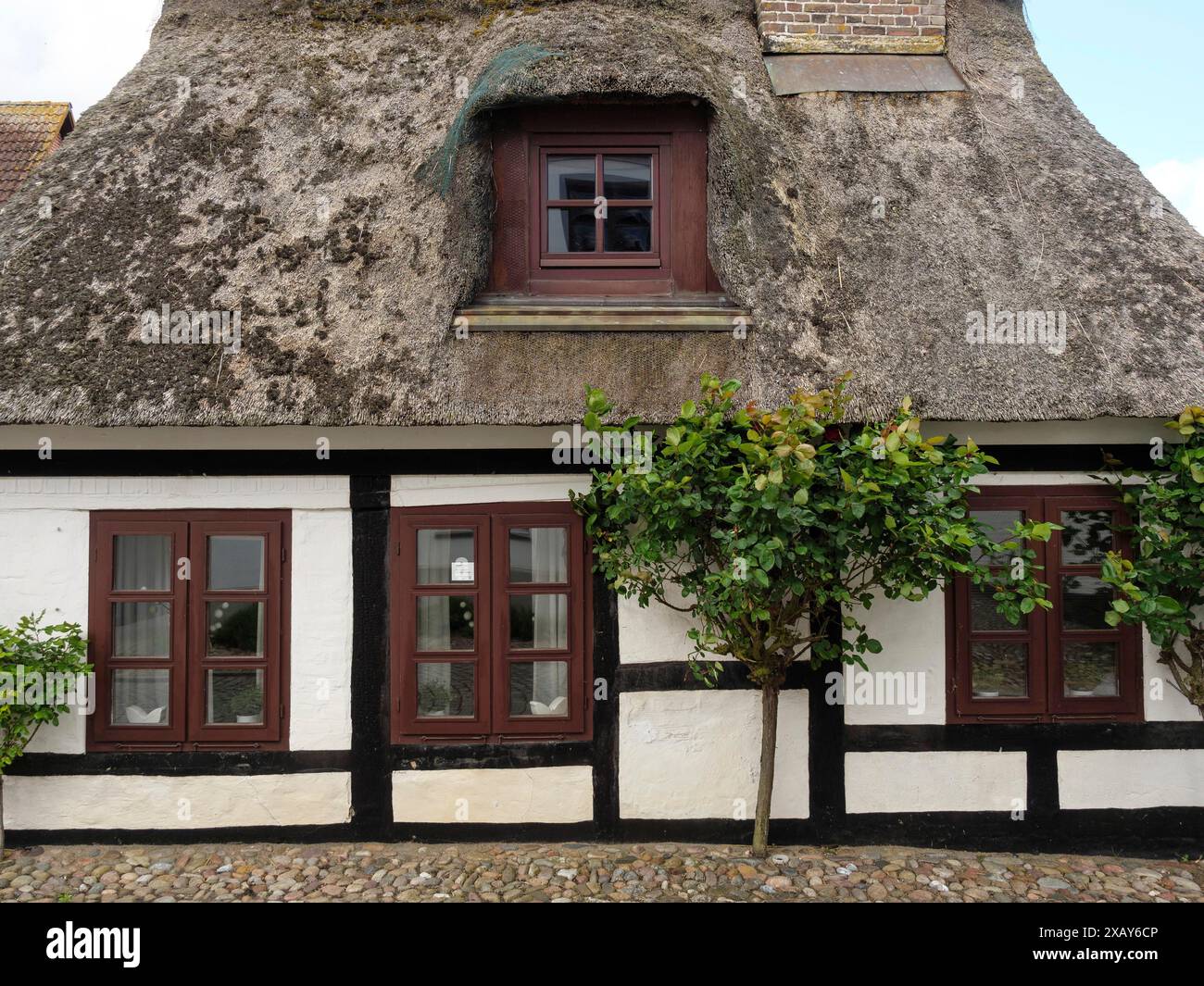 A historic half-timbered house with a thatched roof and several windows ...