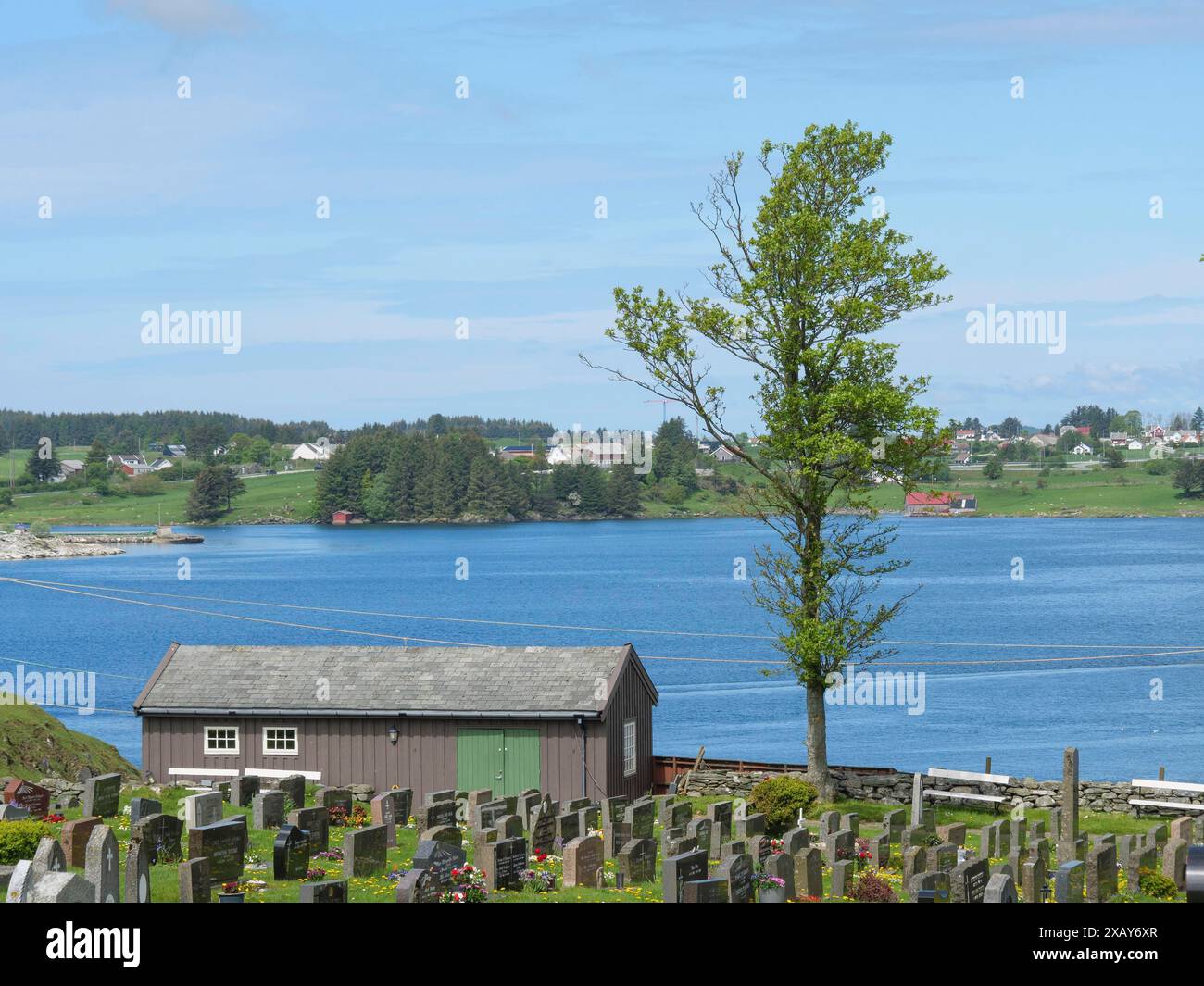 Cemetery with graves and a tree in front of a blue lake in a quiet ...
