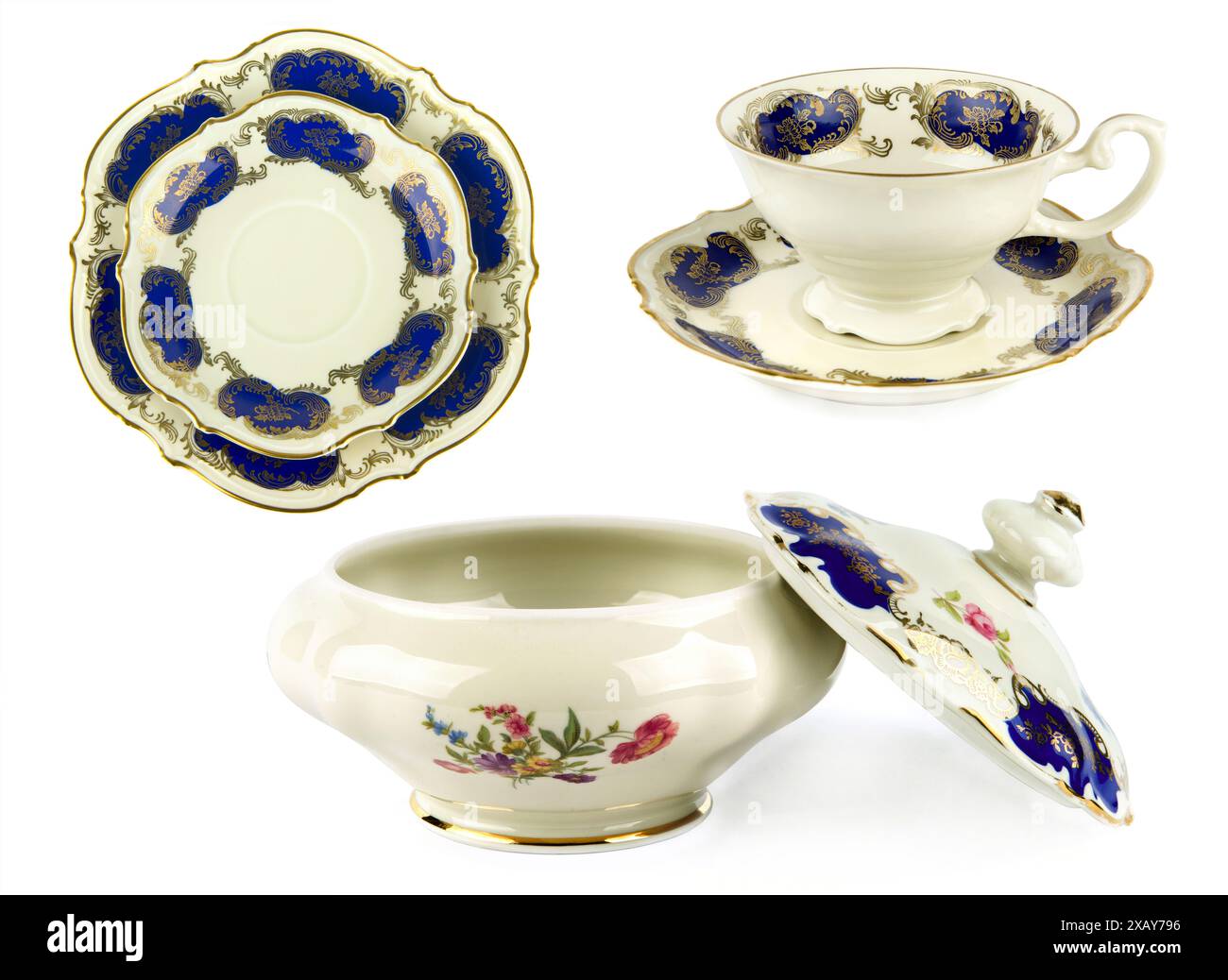 Vintage porcelain tableware isolated on white background. Collage Stock ...