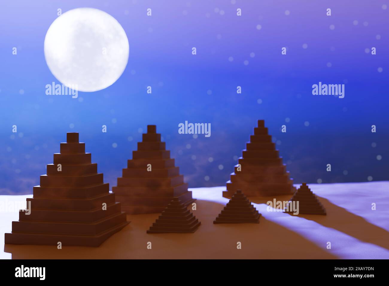 Pyramids under a full moon in a starry night sky. 3d rendering Stock ...