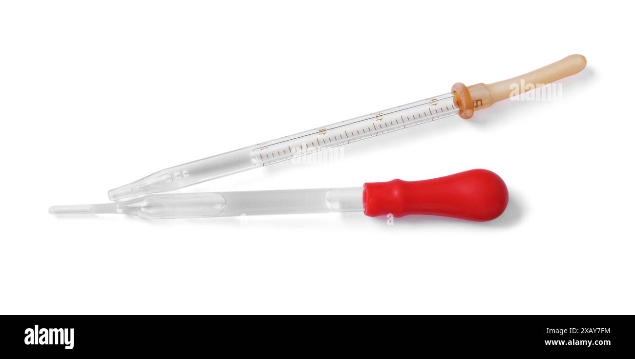 Two pipettes with liquid isolated on white, top view Stock Photo - Alamy
