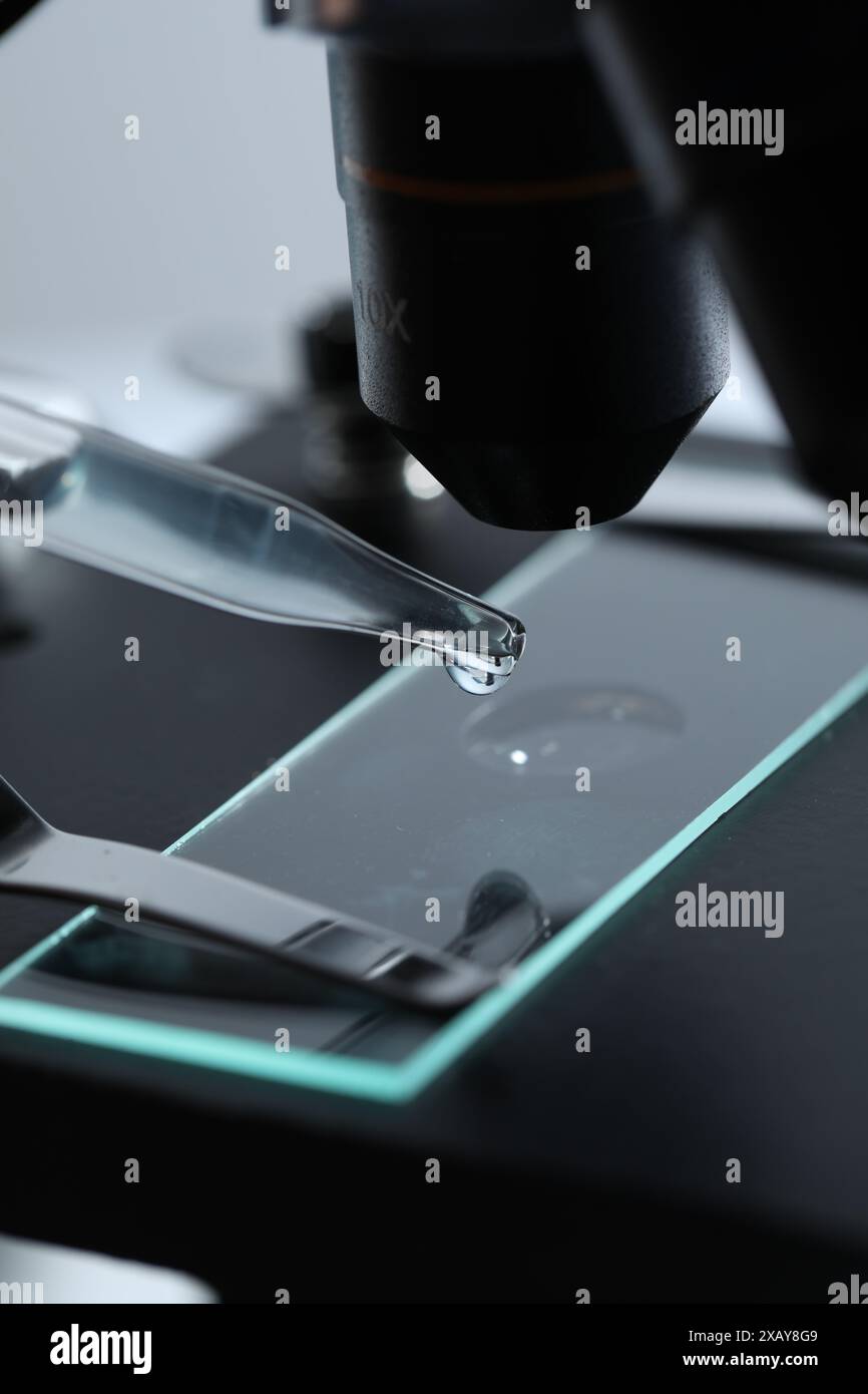Dripping liquid from pipette onto glass slide on microscope, closeup ...