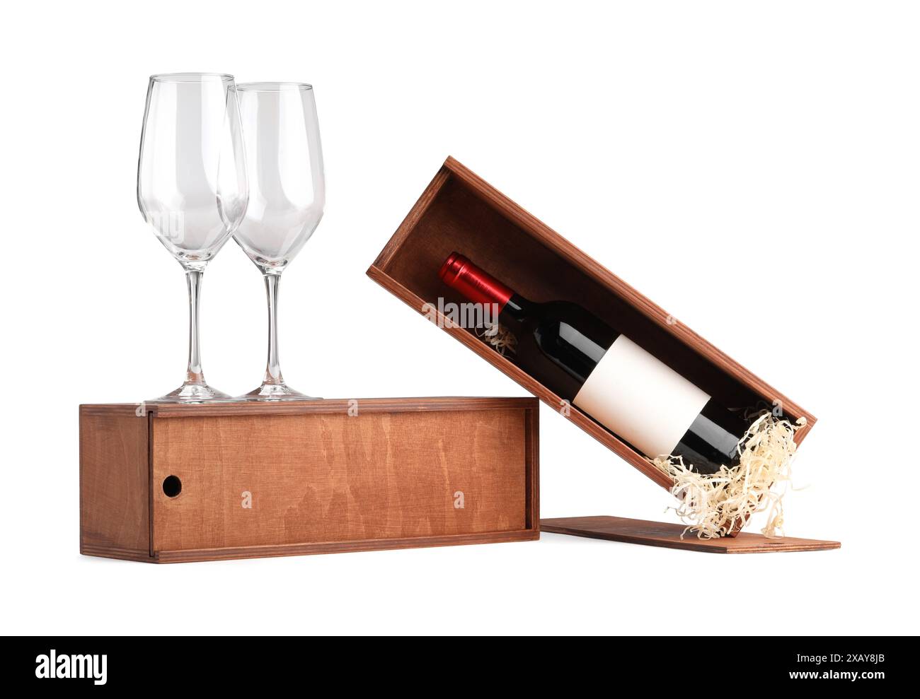 Wooden gift boxes, wine and glasses isolated on white Stock Photo - Alamy
