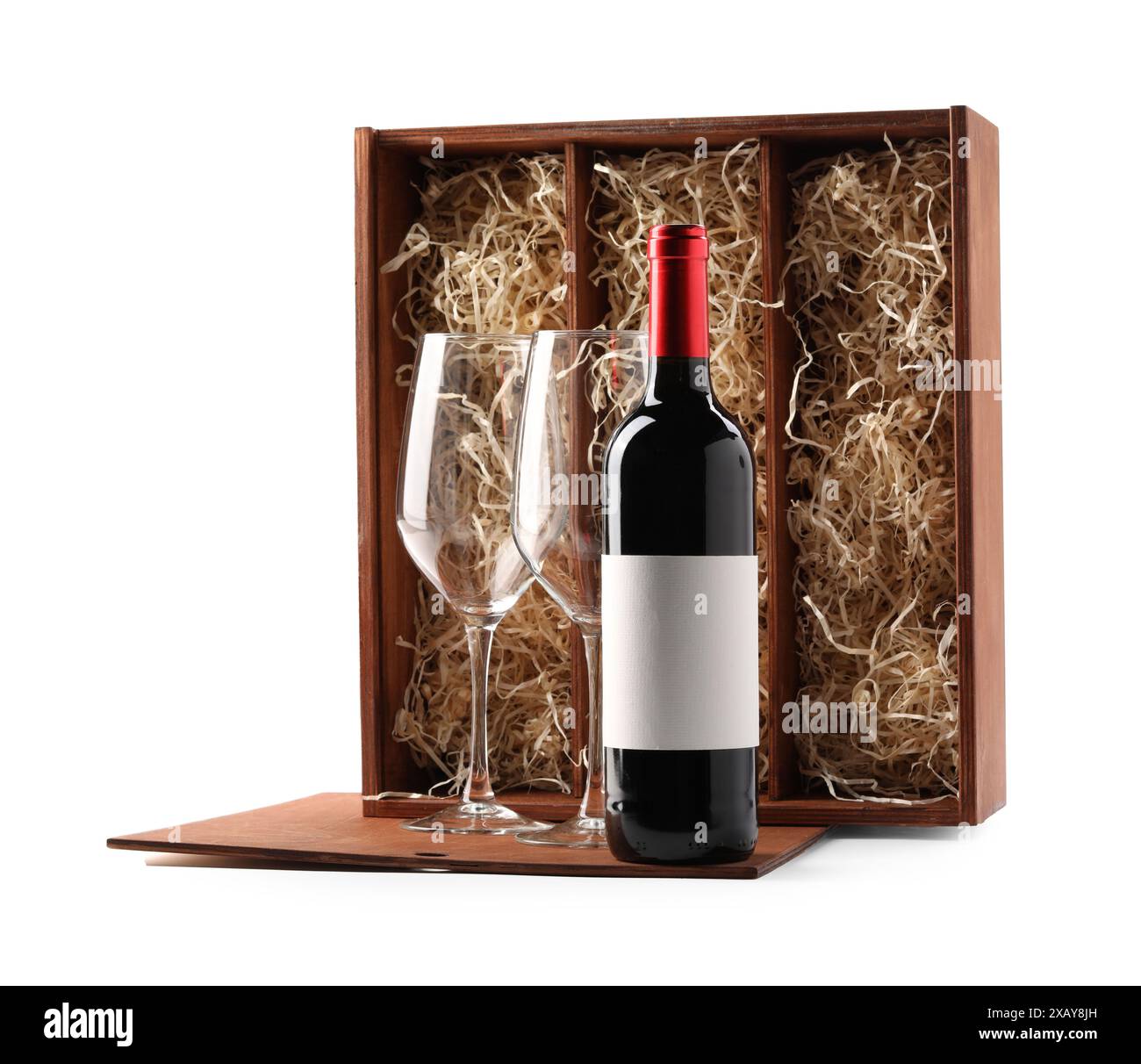 Wooden gift box, wine and glasses isolated on white Stock Photo - Alamy