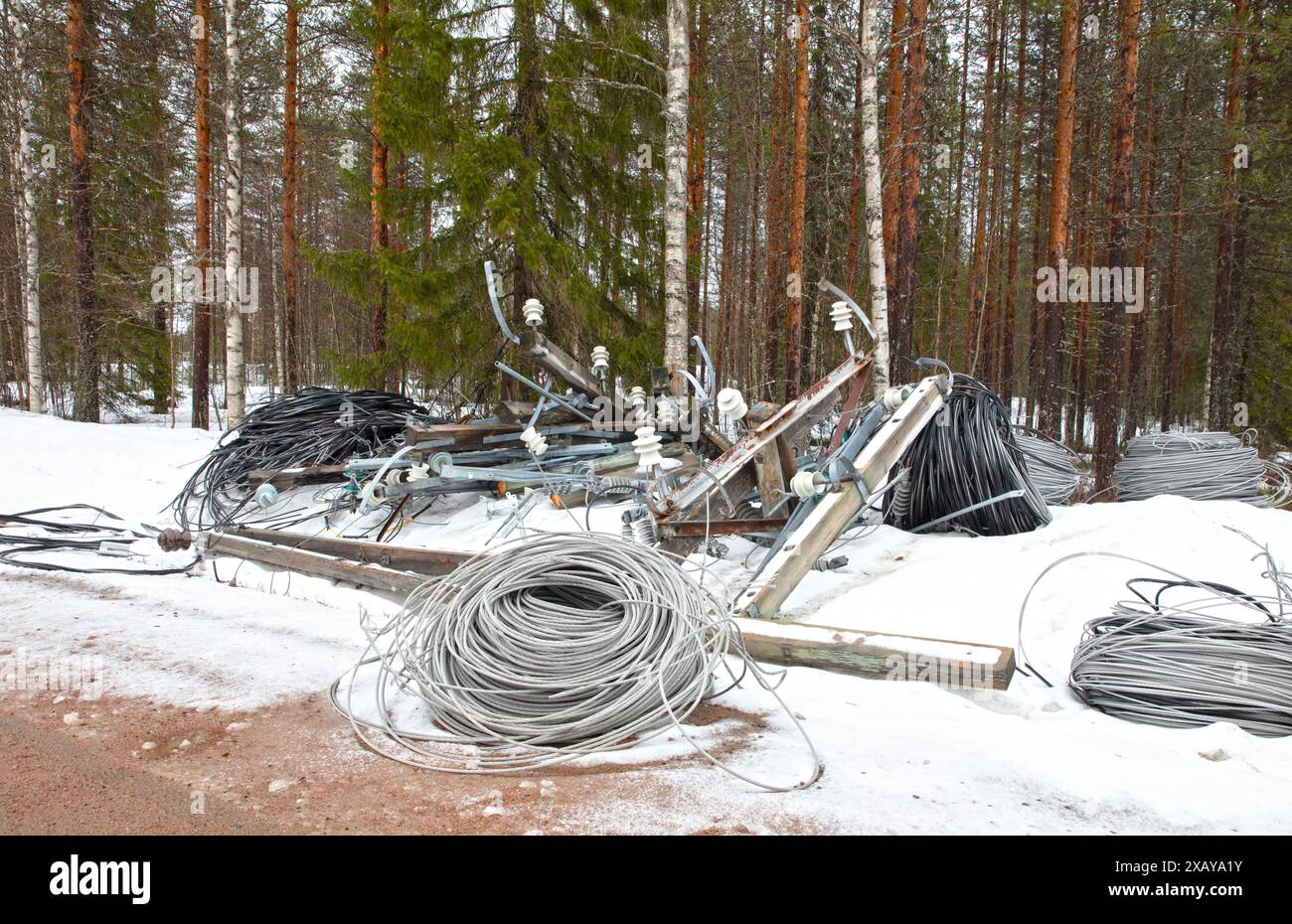 Power maintenance in Finland, replaced stuff is laying on the ground ...