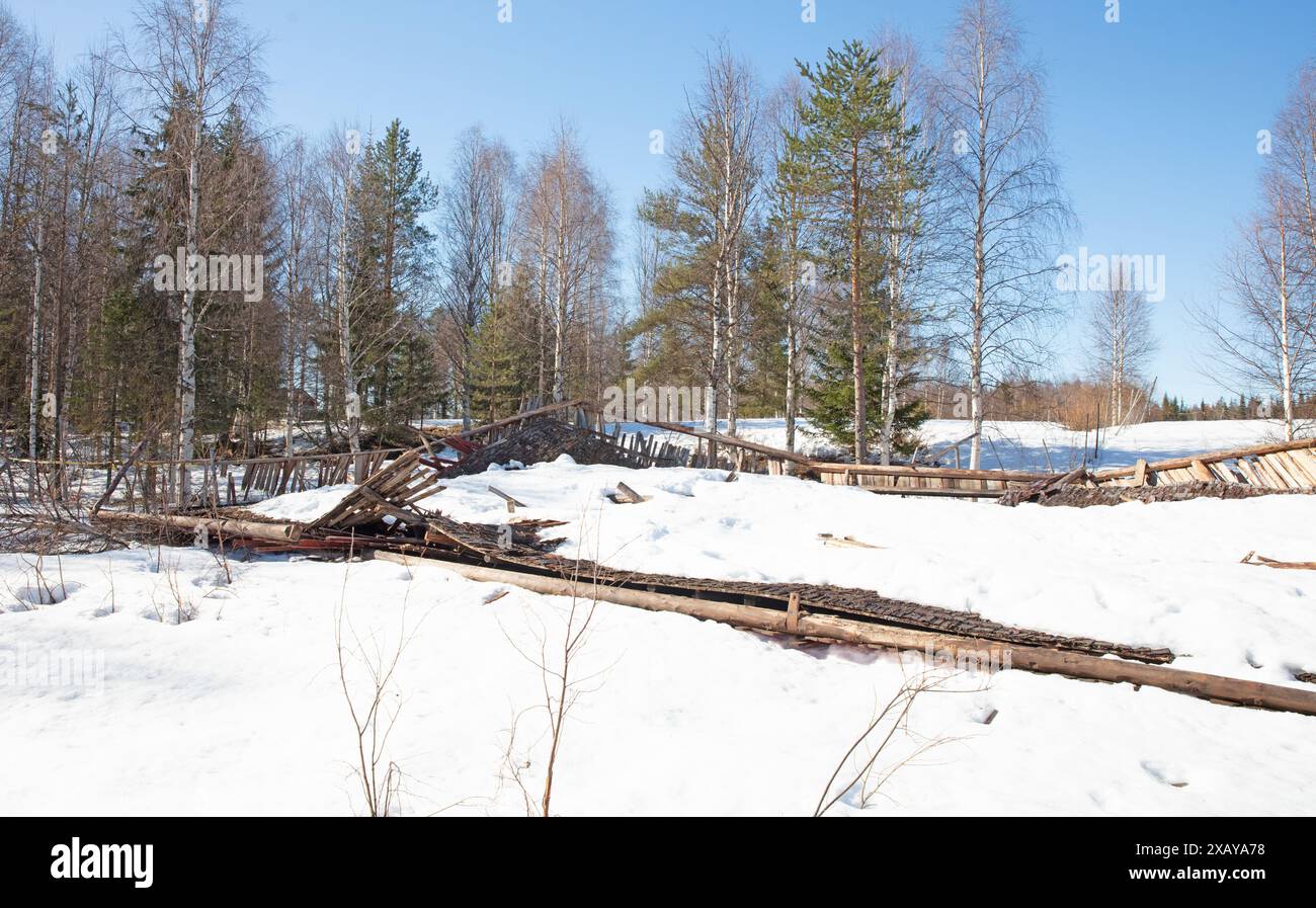Collapsed structure destroyed by snowfall in Finland, end of winter ...