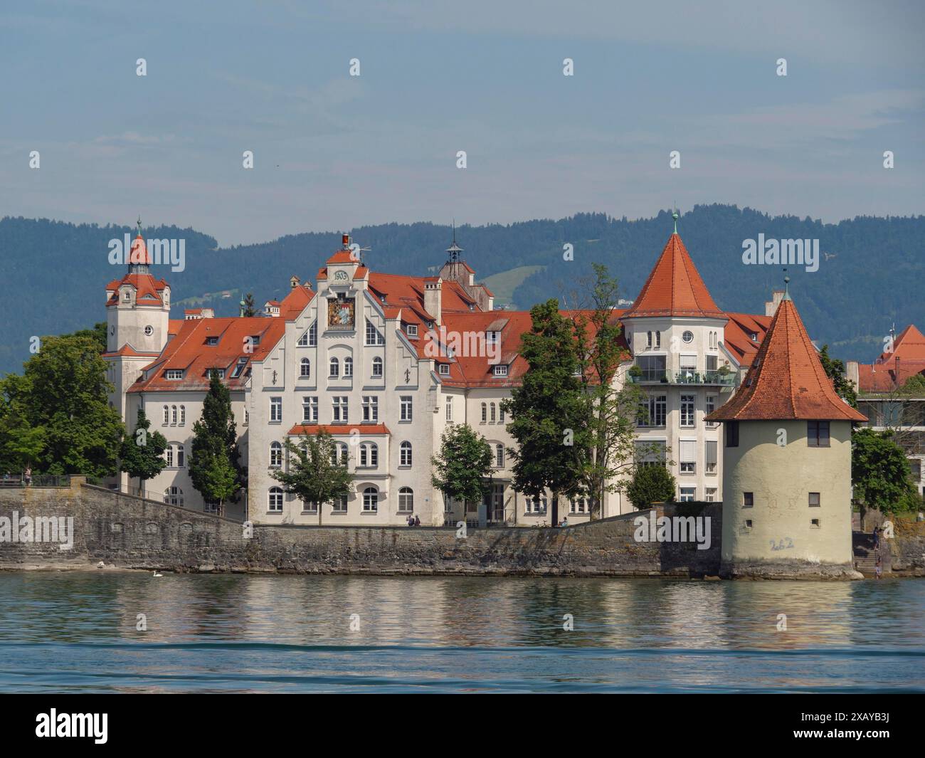 Close-up of a castle with red roofs and white walls on the lake, Lindau ...