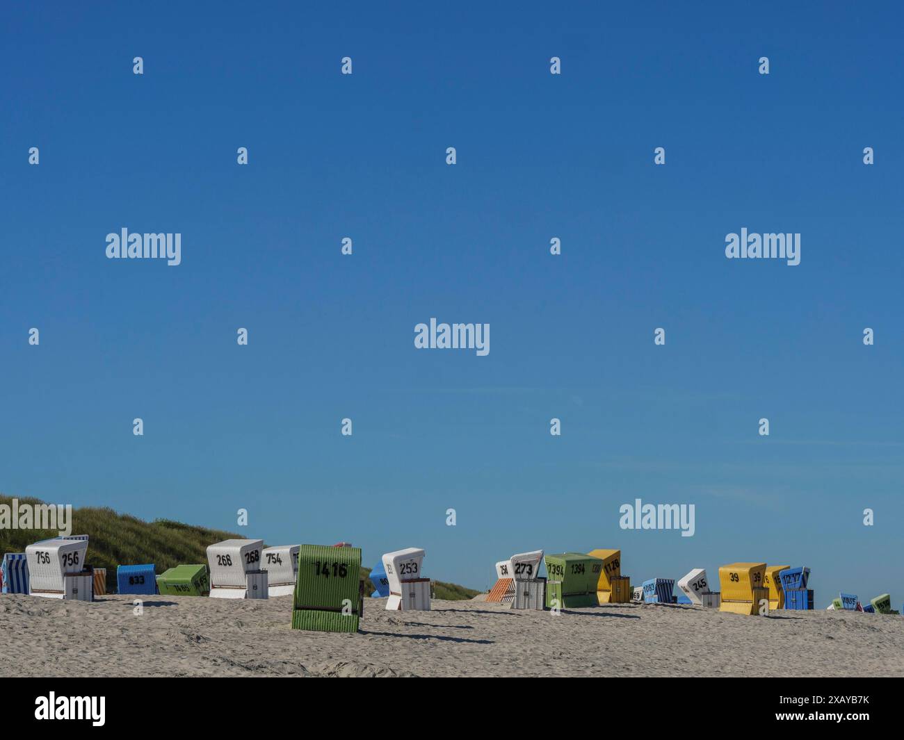 Colourful beach chairs stand on the sandy beach under a clear blue sky ...