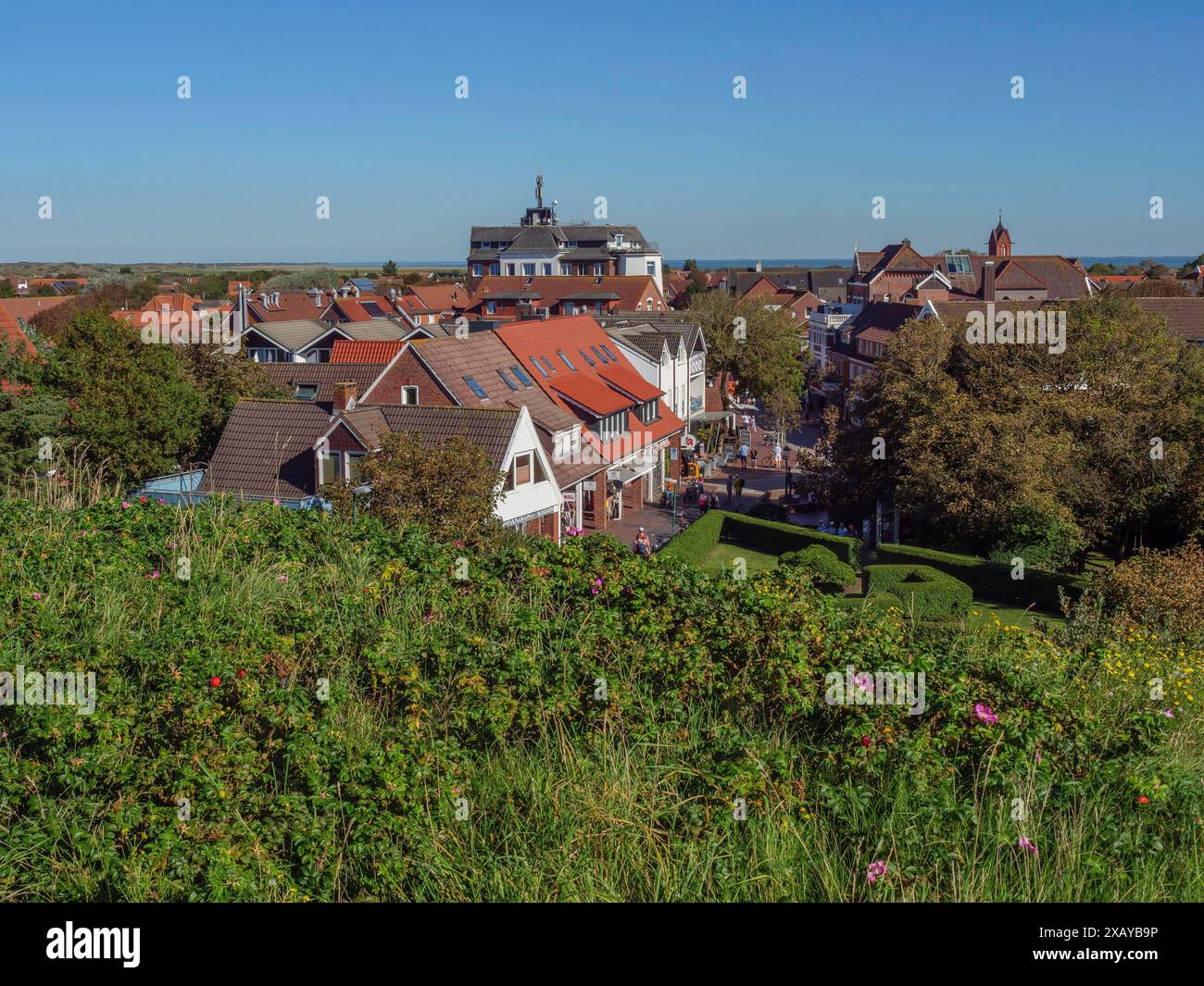 View over a town with red roofs and green plants under a clear sky ...
