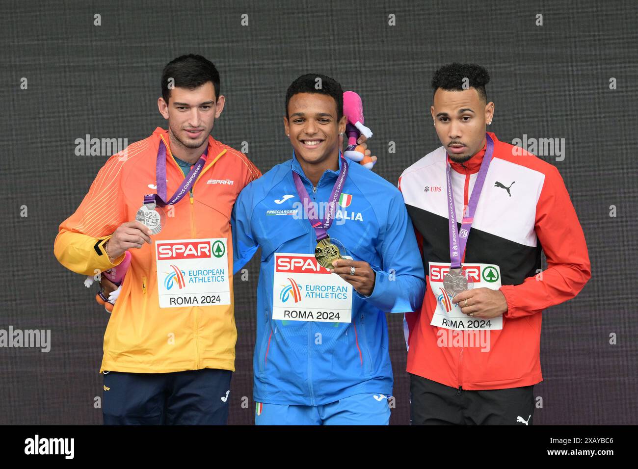 Roma, Italia. 09th June, 2024. the podium of the men's 110 meter ...