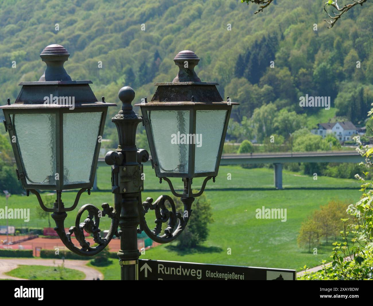 Two street lamps and a signpost in front of a green landscape and a ...