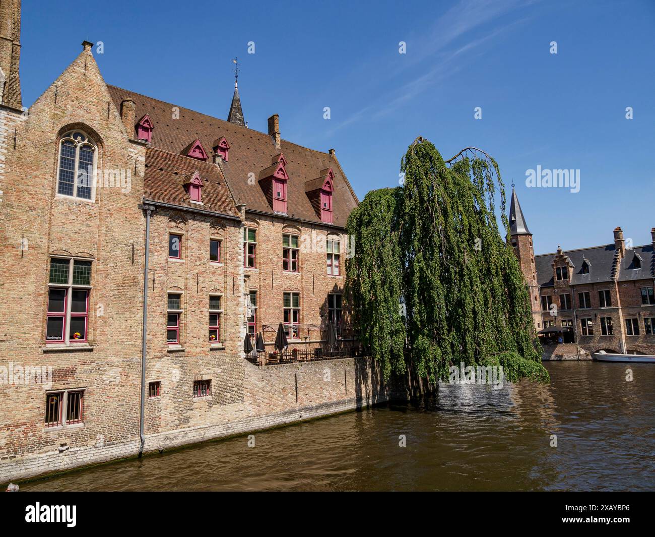 Historic riverside buildings with red roofs and surrounded by lush ...