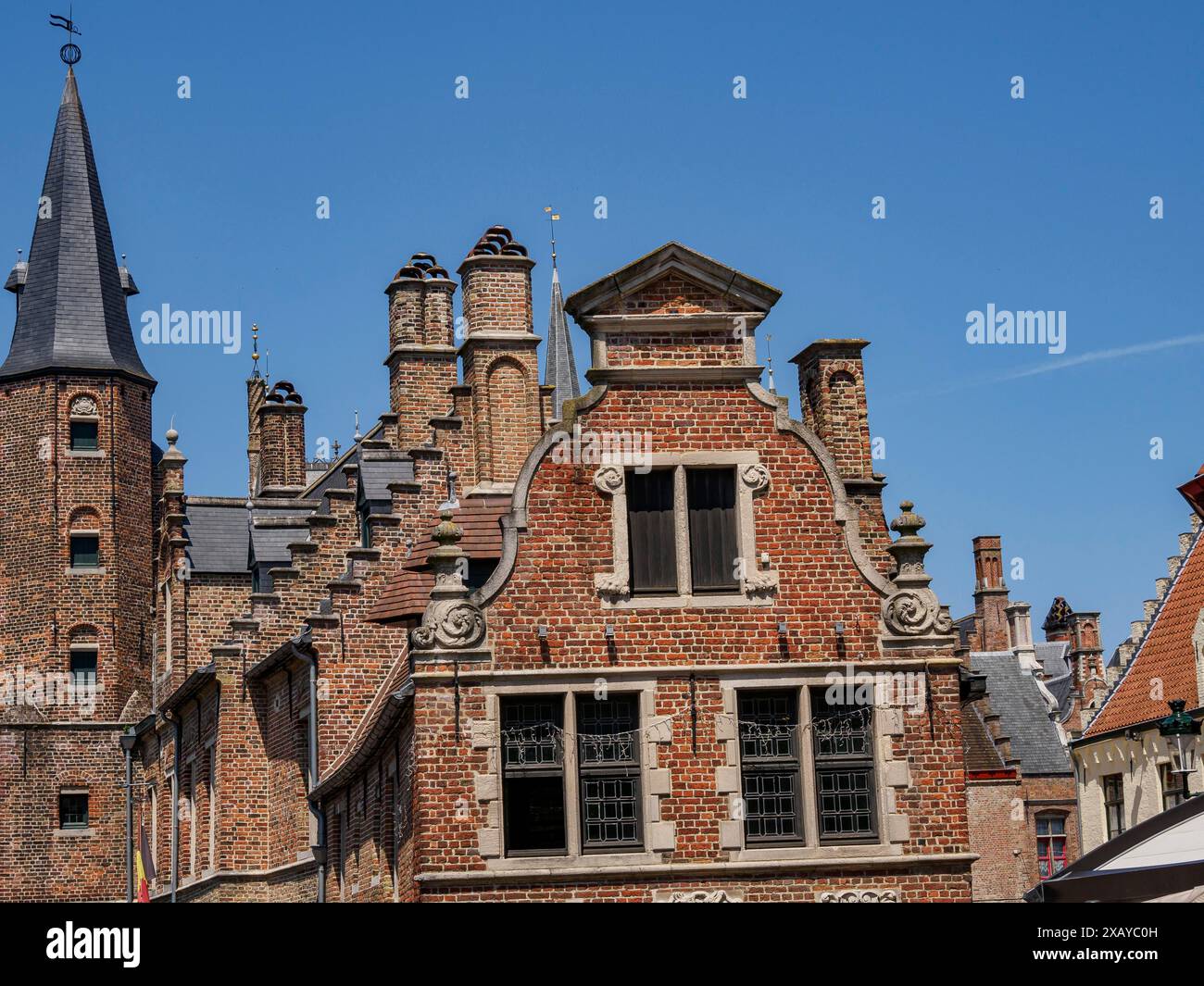 Detailed facades of historic buildings with many bricks and towers ...