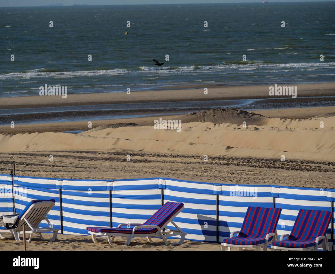Colourful loungers and a blue windbreak stand on the beach, while the ...