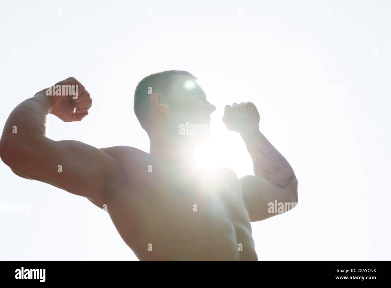 Silhouette male bodybuilder flexing muscles hi-res stock photography ...