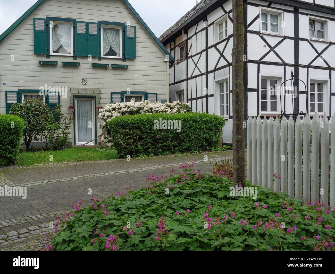 Quiet street with half-timbered houses and well-tended front gardens ...