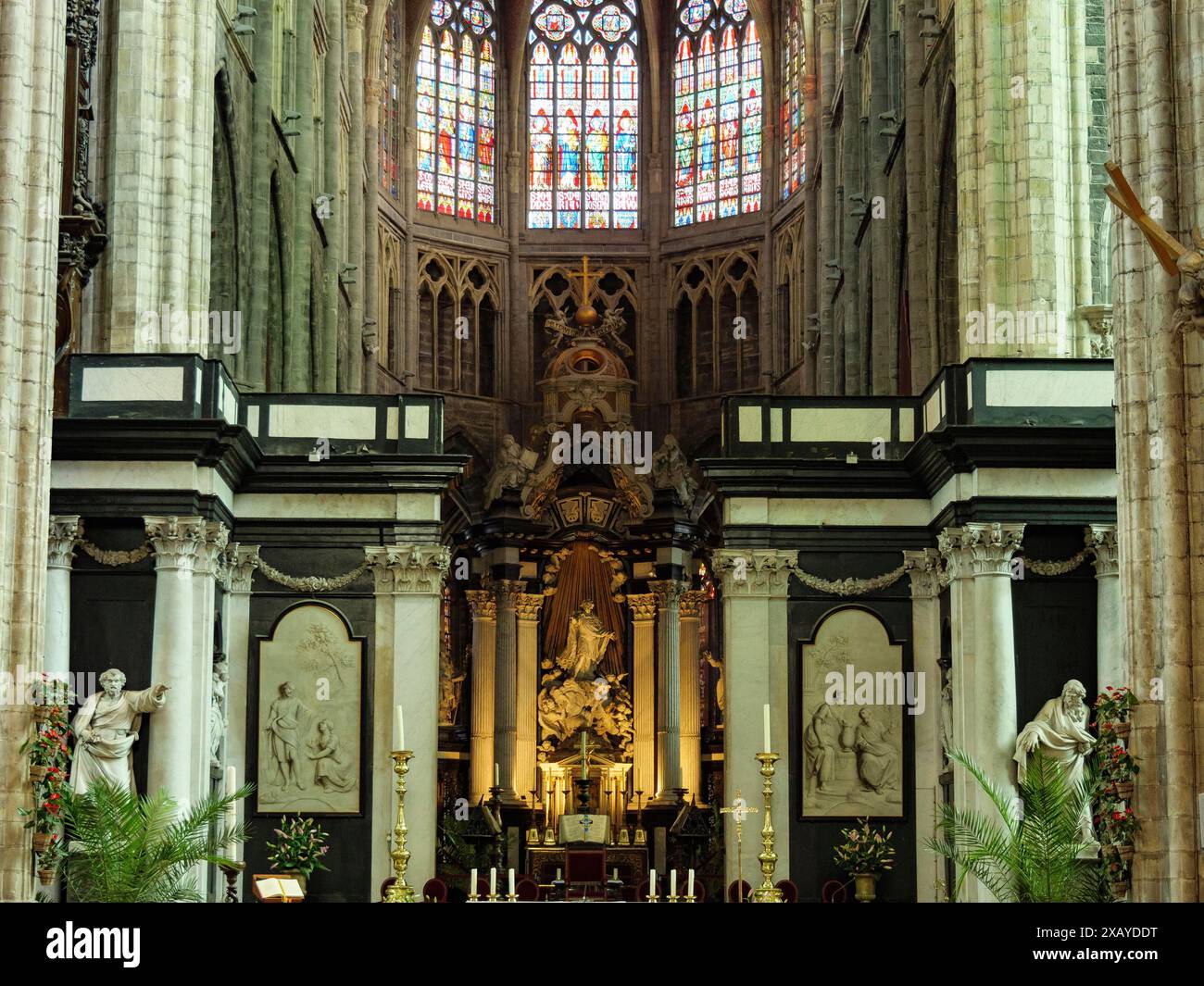 A stunning church interior with magnificent stained glass and detailed ...