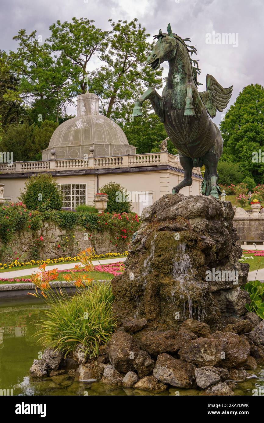 Statue of a rising horse in front of a fountain and historical ...