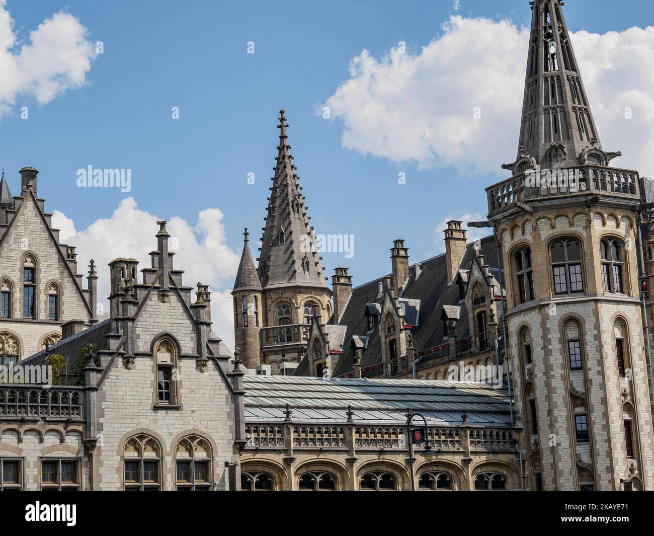 Historic buildings with Gothic architectural details and towers under a ...