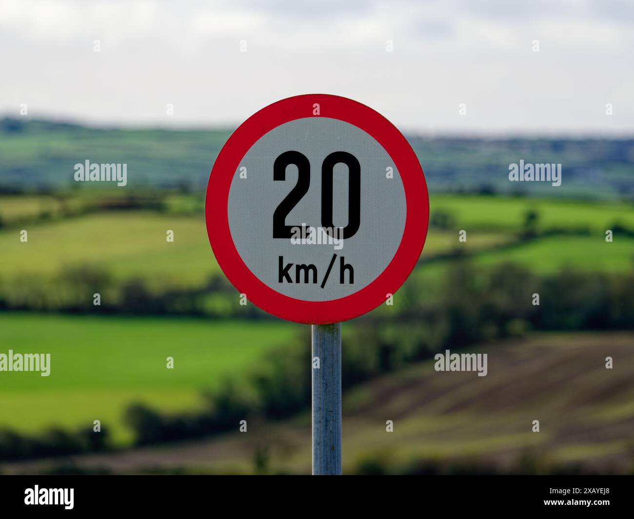 A circular traffic sign displaying “20 km/h” suggests a controlled ...