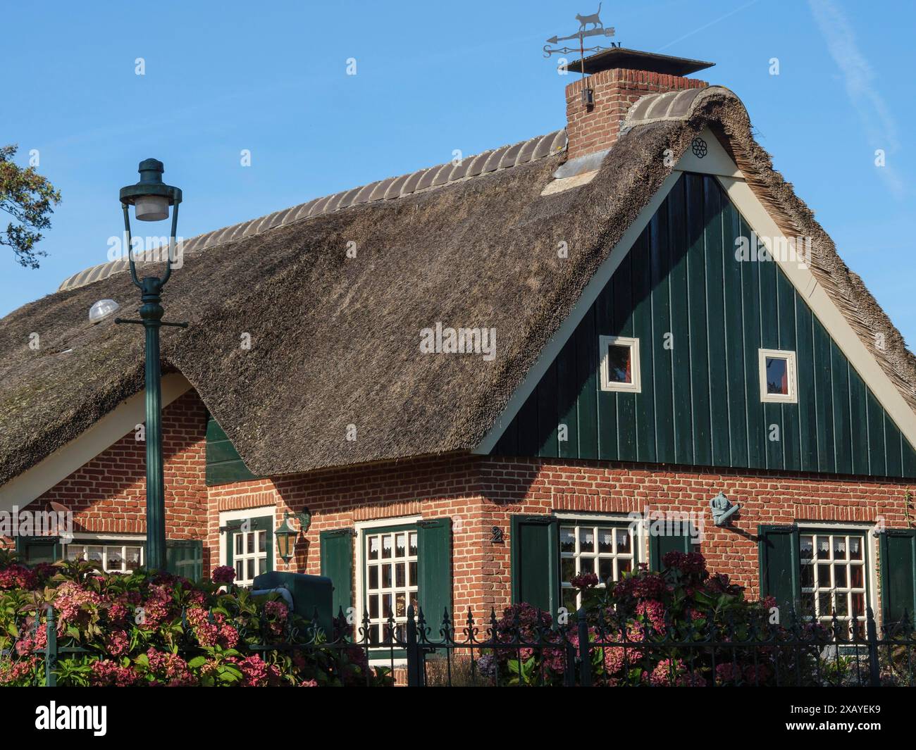 Detail of a brick house with thatched roof and green shutters ...