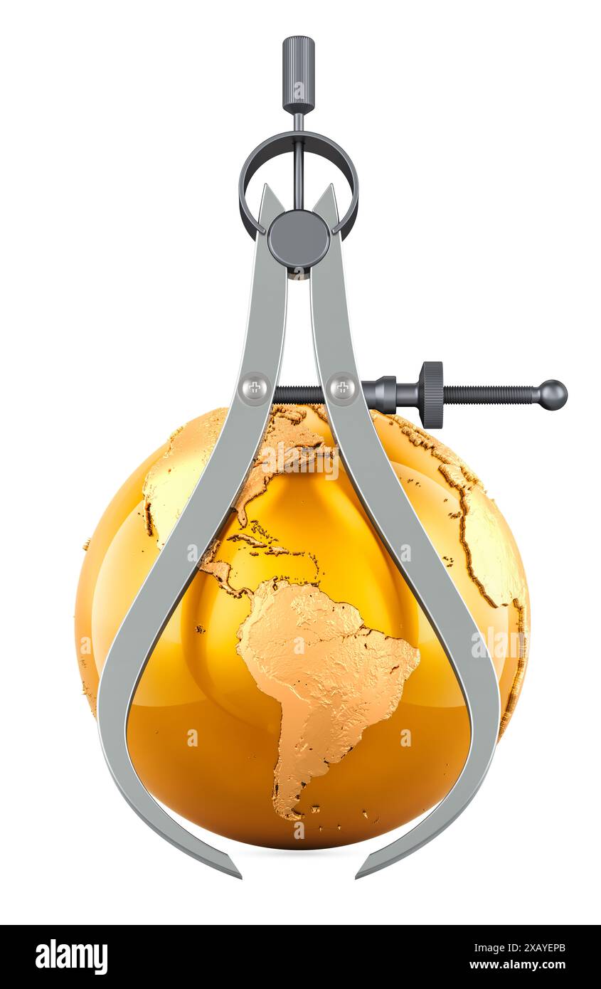 Outside Caliper with Golden Earth Globe, 3D rendering isolated on white ...