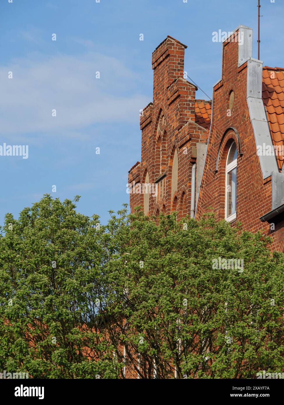 Traditional red brick building with details, in front of green tree and ...