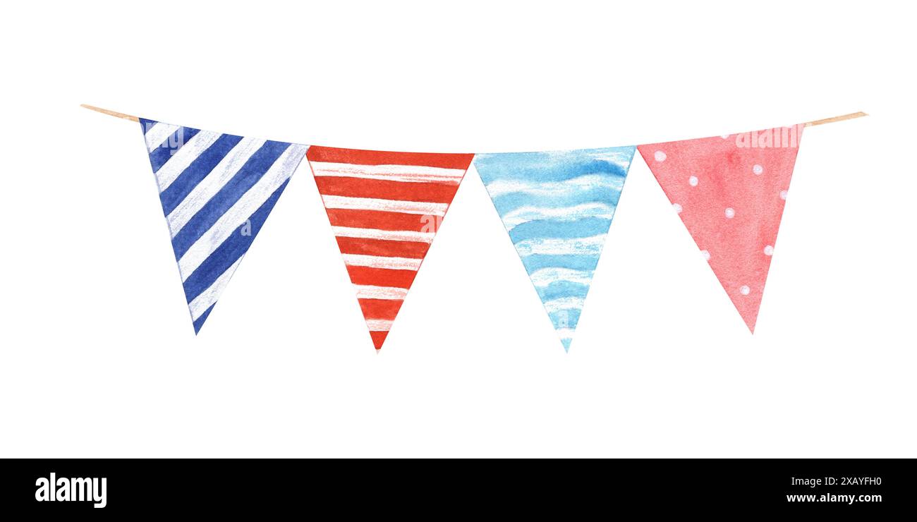 Flags hanging on rope. Flag garland in national red blue colors. Small ...