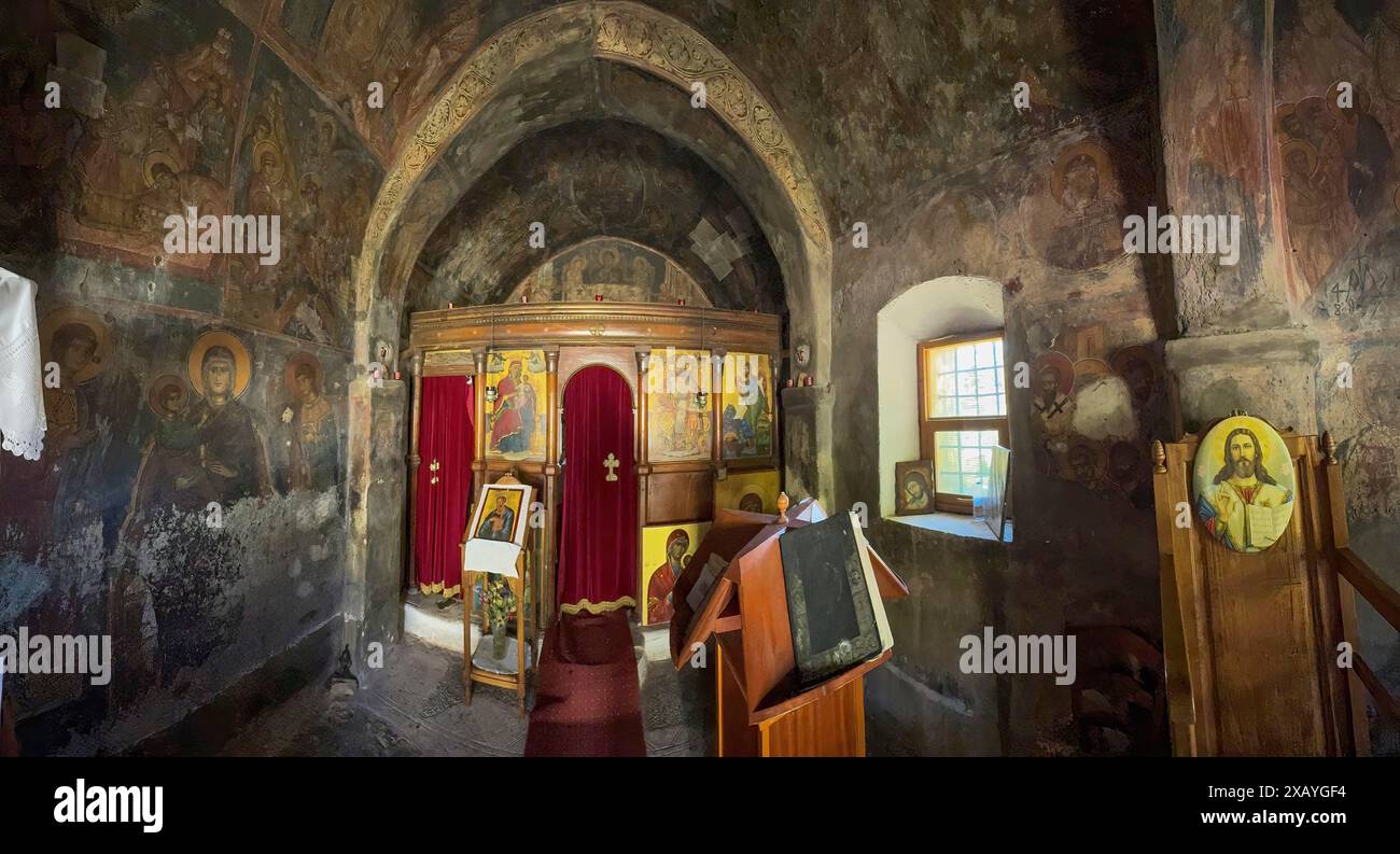 Interior of historic small single-nave church Panagia Throniotissa Naos Panagia of Dormition of ...