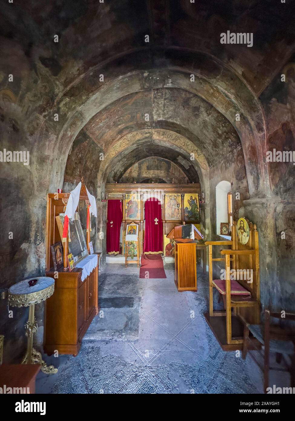 Interior with antique frescoes in the historic small single-nave church Panagia Throniotissa ...
