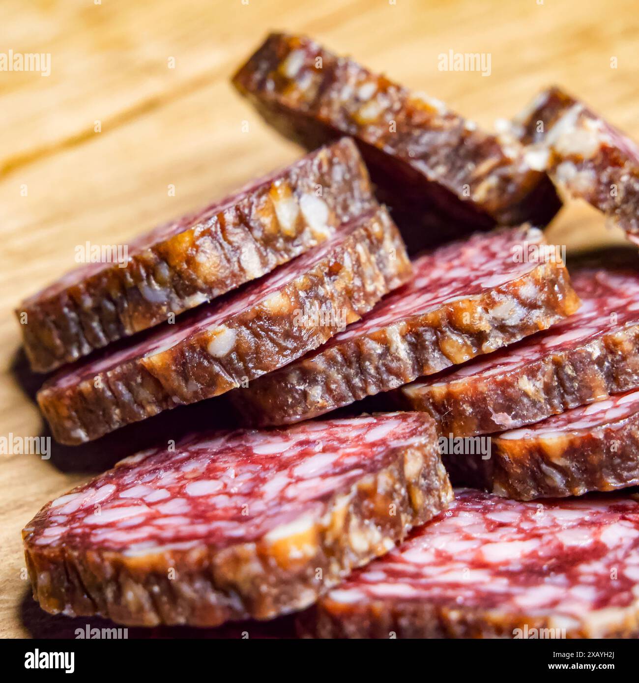 Deli Meat Close-Up. Sliced salami with visible fat, perfect for ...