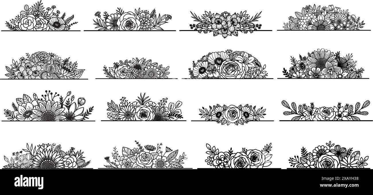 Hand drawn flowers divider set with rose, sunflowers tulips and tree ...