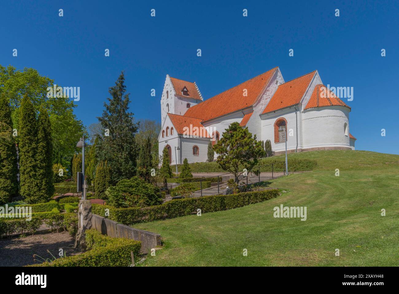 Lindelse Kirke, typical Danish church from 1830, whitewashed, red tiled ...