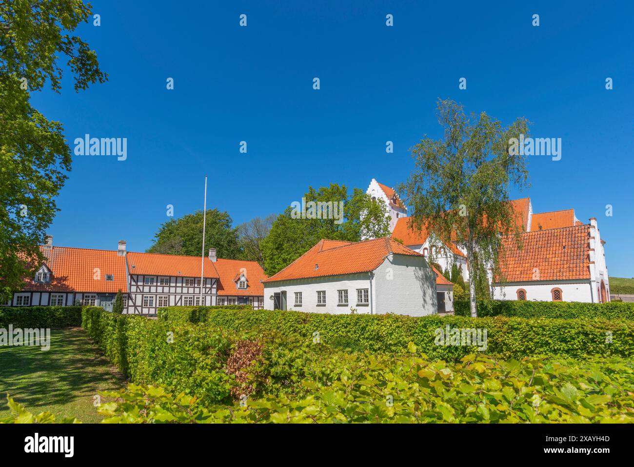 Lindelse Kirke, typical Danish church from 1830, whitewashed, red tiled ...