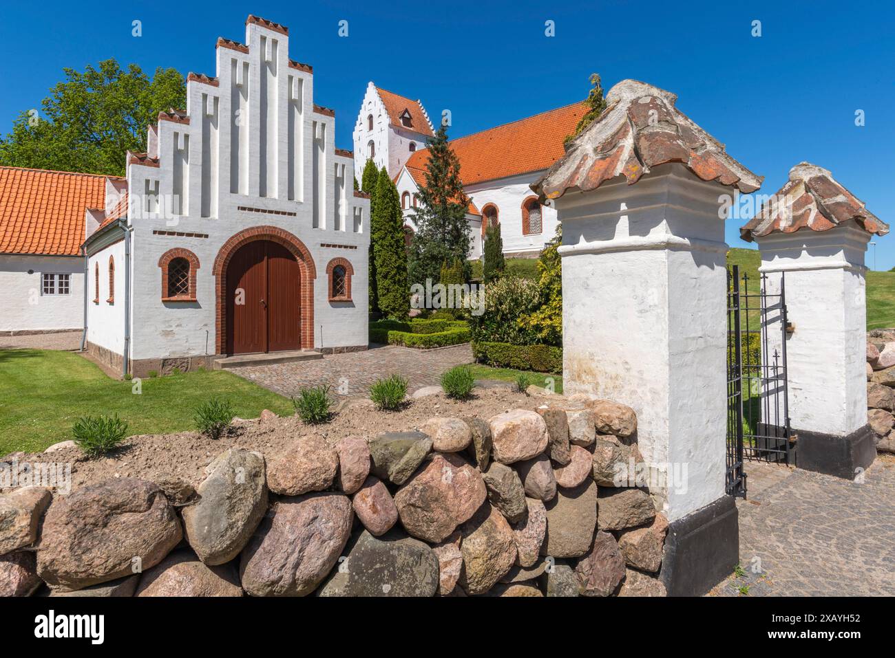 Lindelse Kirke, typical Danish church from 1830, whitewashed, red tiled ...