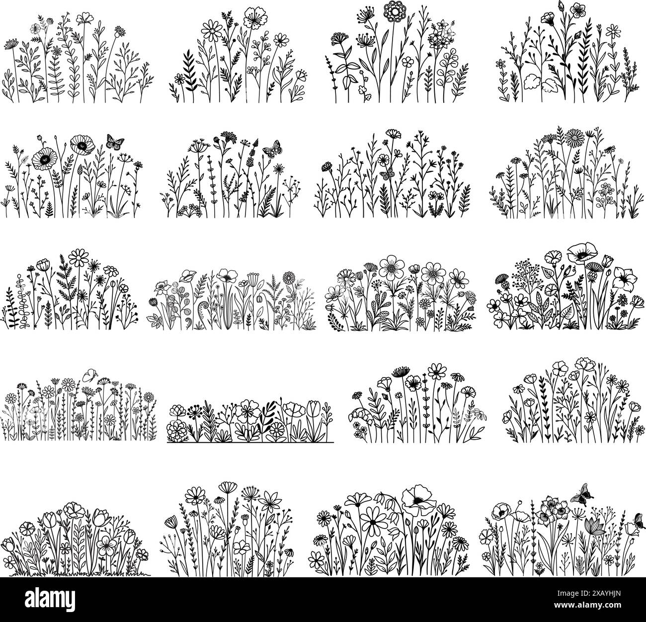 Set of twenty hand-drawn wildflower meadows for printing, engraving ...